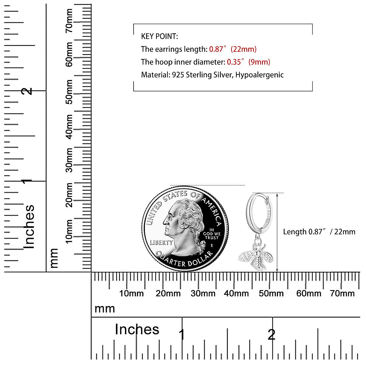 Bee Hoop Earrings Dangle for Women - Small Drop Huggie Hoop Earrings with Bee Charm in Sterling Silver for Her