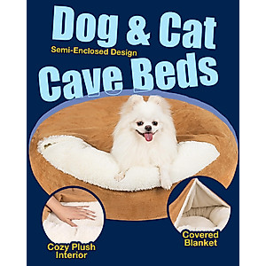 Pet Soft Small Dog Bed Cat Bed with Cover Cave - Round Calming Dog Beds Washable Cuddler Puppy Beds for Small, Medium Dogs and Cats (Khaki, 27")