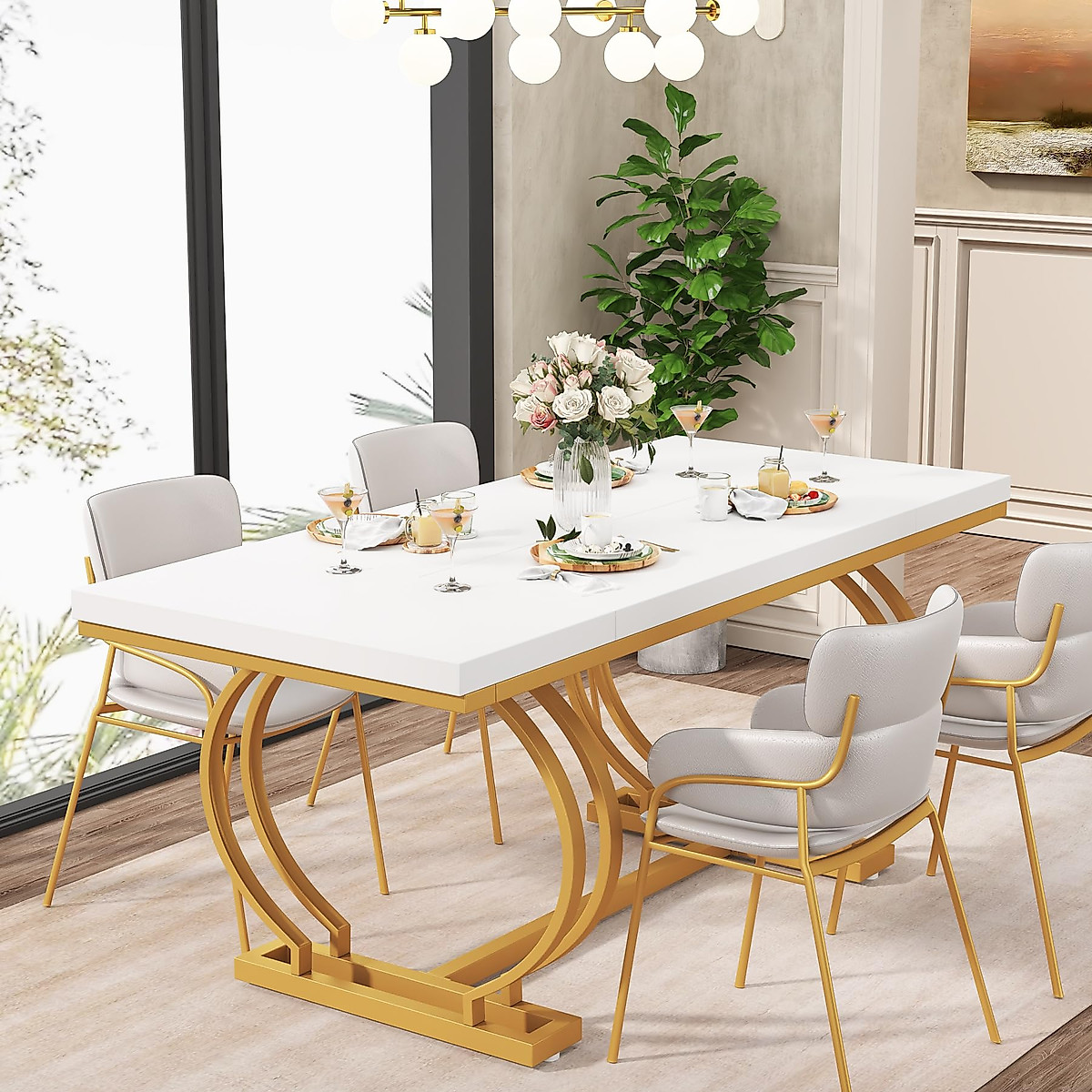 Tribesigns Modern Dining Table, 70.9 inches Wood Dinner Room Table for 6-8 People, Rectangular Kitchen Table with Gold Metal Circular Base for Kitchen, Dining Room, Living Room, White & Gold