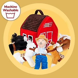 PREXTEX Plush Farm House with Soft and Cuddly 5" Plush Horses, Farm Boy, and Farm House Barn House Carry Along Case