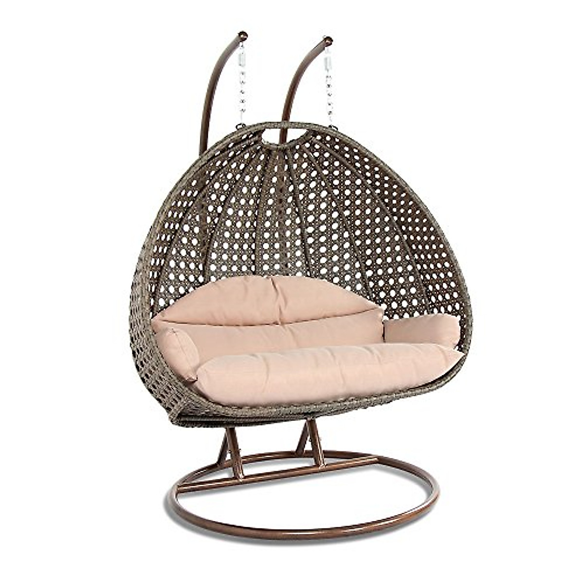 LeisureMod Beige 2 Person Hanging Double Swing Chair, X-Large Wicker Rattan Egg Chair with Stand and Cushion for Indoor Outdoor Patio Garden (Beige)