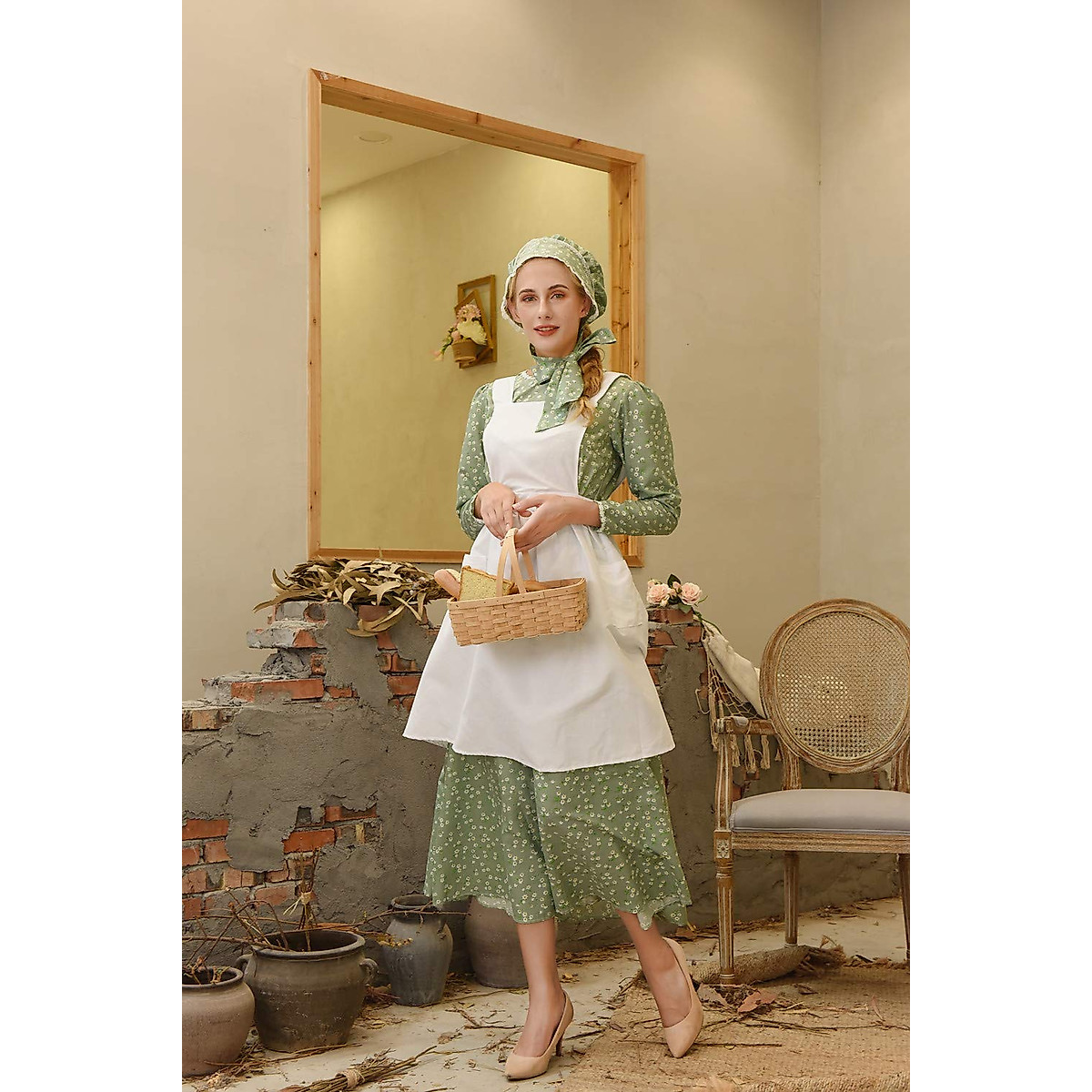 ROLECOS Pioneer Prairie Costume Womens Colonial Pilgrim Costume Amish Dress Pioneer Trek Dresses 3 Pcs Green L