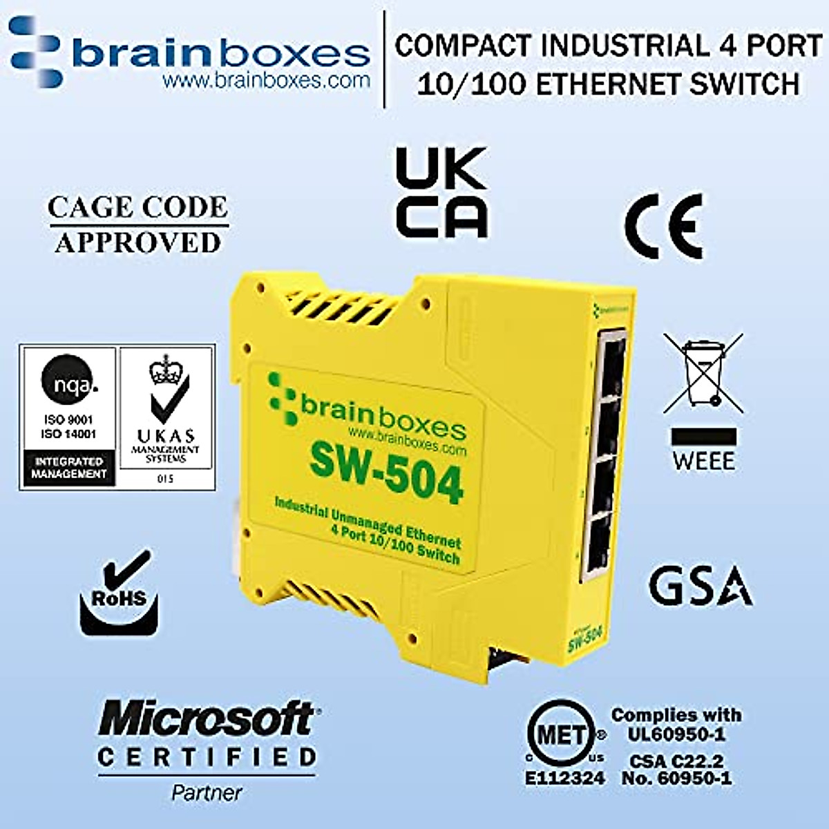 Brainboxes Switch - 4 Ports - DIN Rail mountable (SW-504)