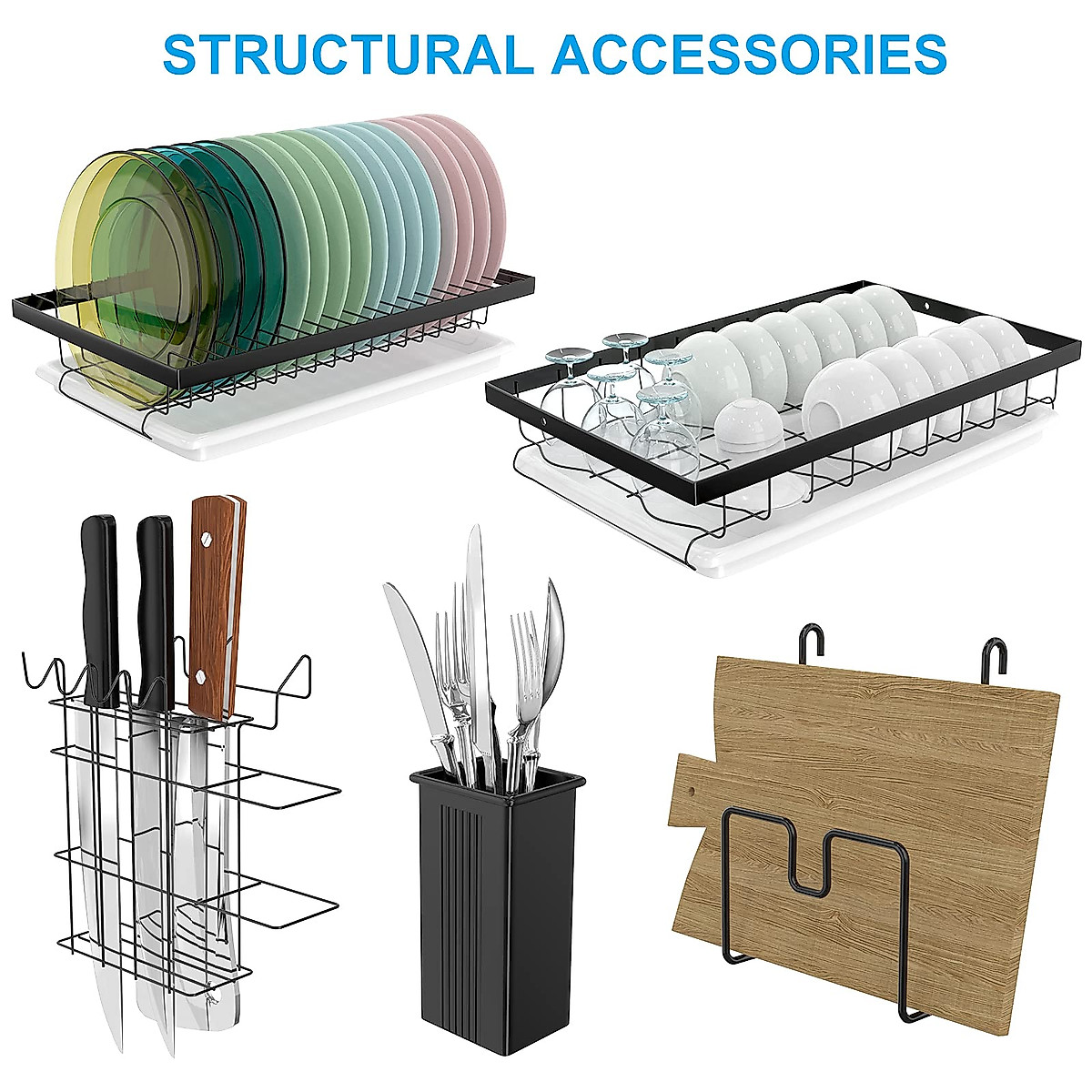 Astoryou Dish Drying Rack, 2 Tier Dish Racks for Kitchen Counter, Rust-Resistant Drying Rack Kitchen Dish Drainers with Drainboard ,Utensil Holder and Cutting Board Holder, Black