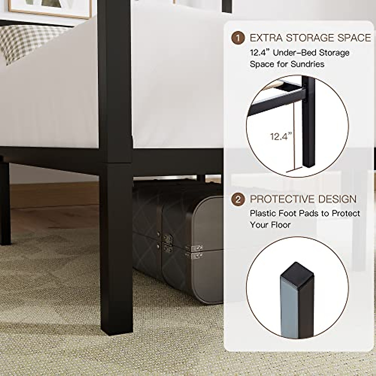 ikalido Queen Size Metal Canopy Bed Frame, Modern Four-Poster Platform Bed Frame, Mattress Foundation with Wood Slat Support/Under-Bed Storage Space/No Box Spring Needed/Black