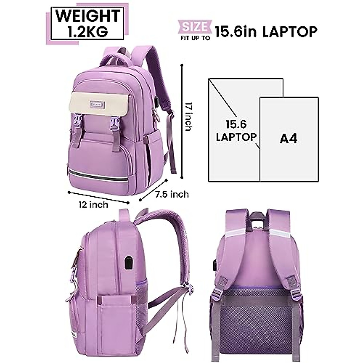 FALANKO Backpack for Girls,15.6 inch Women Laptop School College BookBag with USB Charging Port, High Middle Elementary School Backpack For Teen Students,Large Capacity Travel work Daypacks for Women