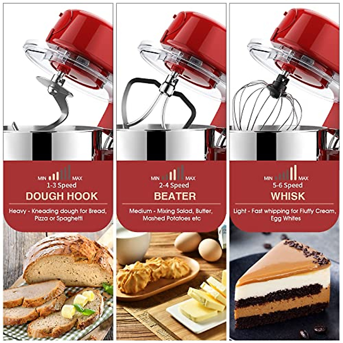 Stand Mixer, 6 IN 1 Multifunctional Electric Kitchen Mixer 660W 6 Speed with 7.4QT Stainless Steel Bowl, 1.5L Glass Jar, Meat Grinder, Dough Hook, Whisk, Beater, Sausage Kit, Food Mixer for Baking