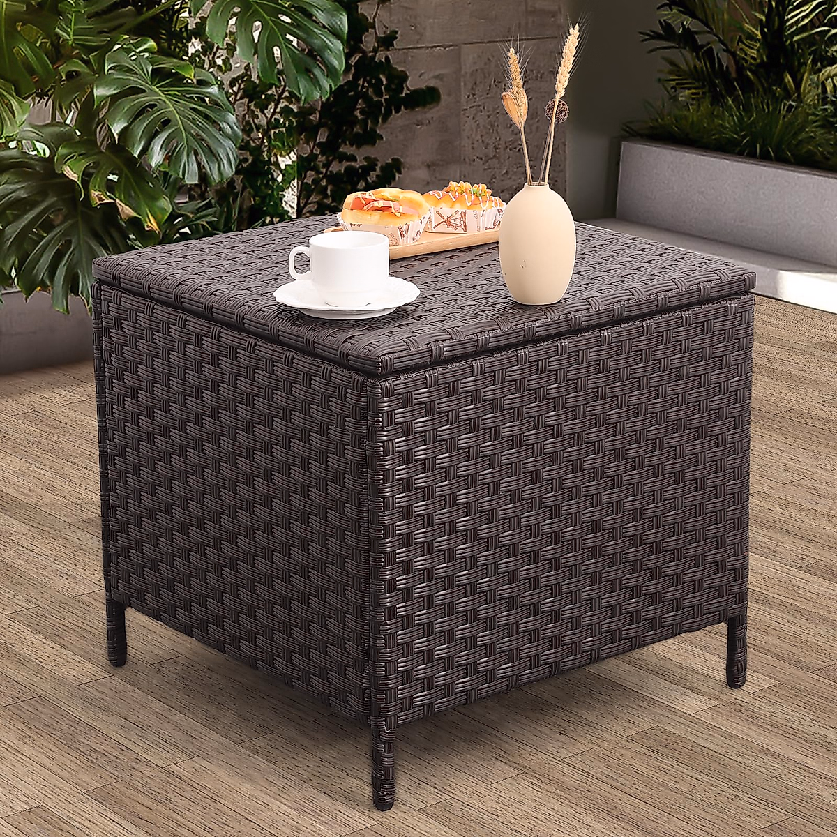 Lviden Outdoor Wicker Storage Side Table, Patio Brown PE Rattan End Table with Storage, Square Container for Furniture Covers, Toys, and Gardening Tools