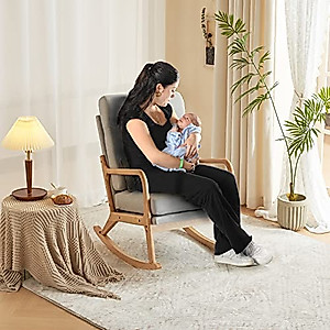SEALAMB Rocking Chair Nursery with Lumbar Pillow, Rocker Chair Glider Chair for Nursery Mom Seniors, High Backrest Armchair Comfy Chair for Living Room Bedroom