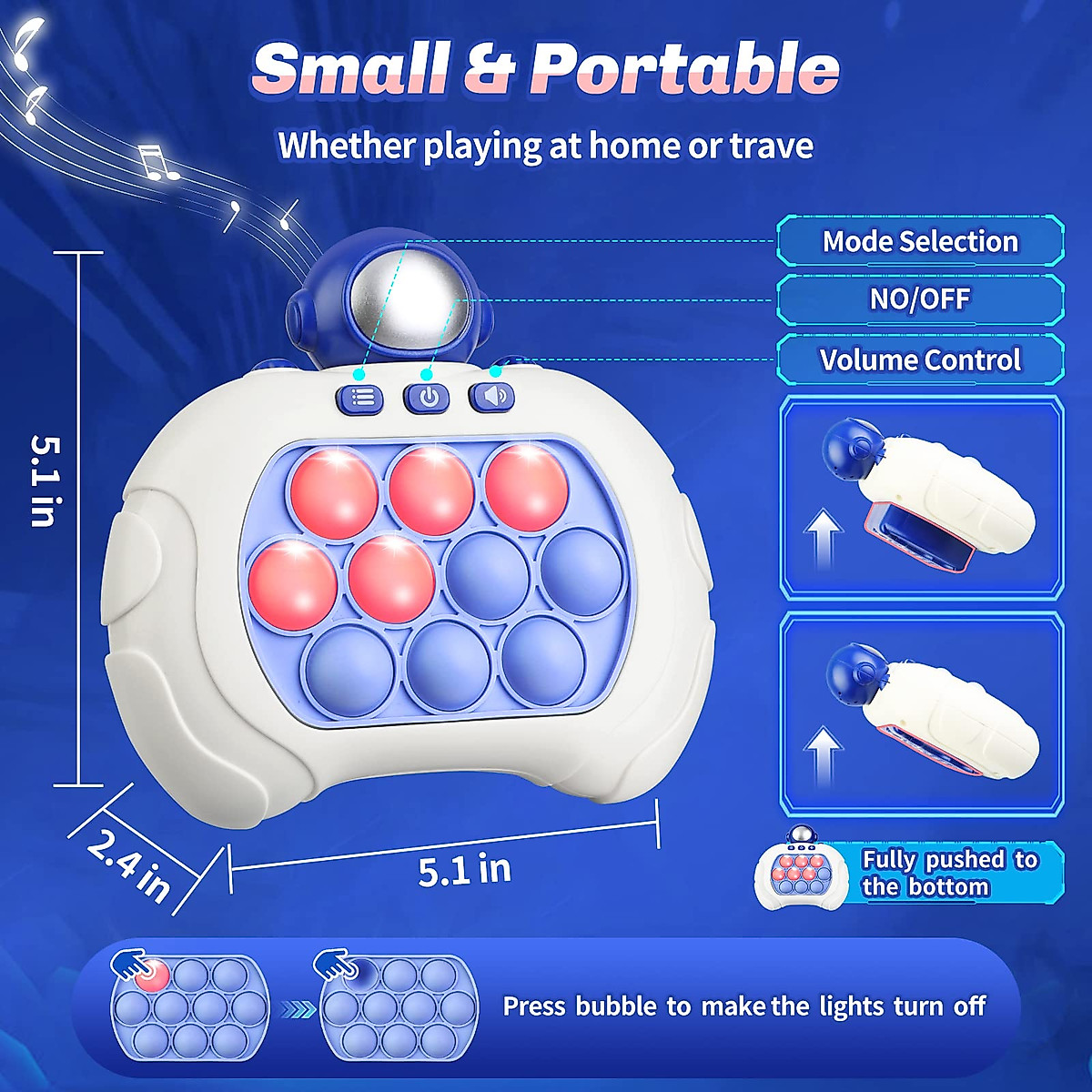 Quanquer Pop Toy Fast Push Game, Electronic Fidget Light Up Sensory Toys Travel Bubble Handheld Game Birthday Gifts for Age 5 6 7 8 9 10-12-18 Year Old Kids Adults Girl Boys, Astronaut, Blue & White