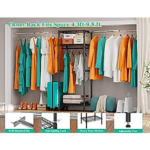 Raybee Closet Organizers and Storage System, 590Lbs Capacity Closet Systems for Walk in Closets with 3 Expandable Hanger Rods, Wall Mounted, 24"-118"L x 16"W x 71"H, Black