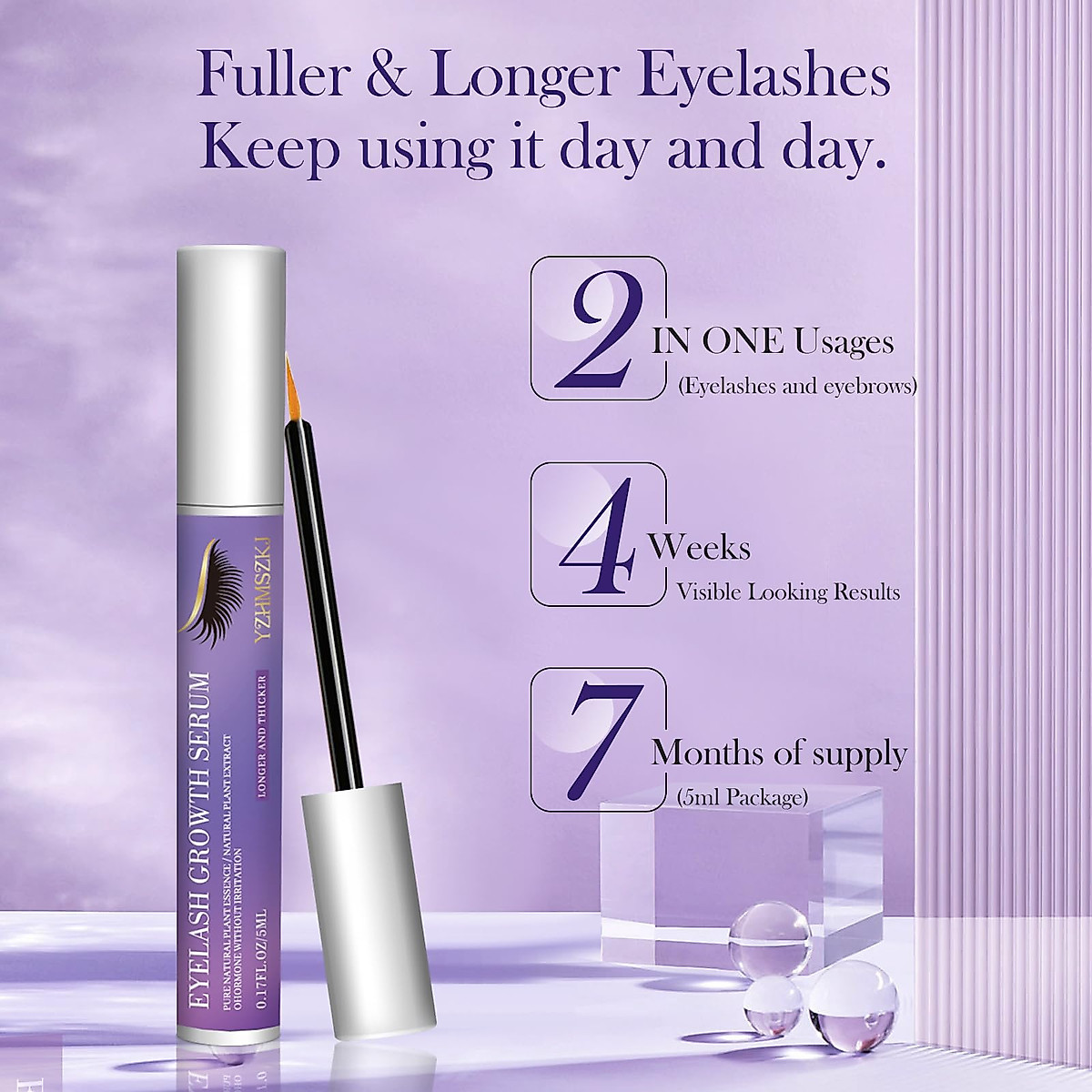 Eyelash Growth Serum, Eyelash Serum to Grow Lashes Or Brows, 5ml Irritation-Free Lash Serum for Longer Thicker Healthier and Fuller Looking Natural - Eyelash Serum Vegan & Cruelty-Free