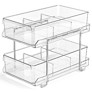 LANDNEOO 2 Tier Clear Organizer with Dividers + Set of 8, Stackable Clear Bins with Removable Dividers - Pantry Food Snack Organization and Storage - Multi-Purpose Plastic Home Organizer