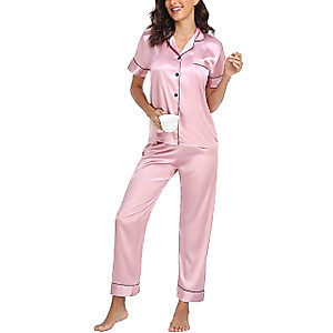 goodmansam Women's Satin Pajamas Set 2 Piece Pj Set Sleepwear Notch Collar Short Sleeve T-Shirt Button-Down Loungewear with Long Pants Pink Small