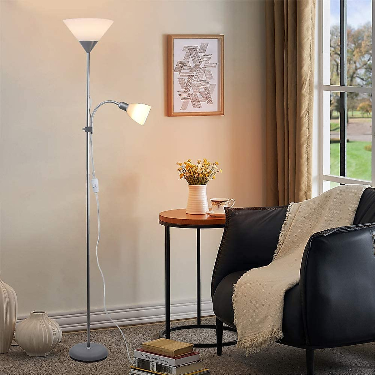 DINGLILIGHTING LED Floor Lamp DLLT Mother-Daughter Floor Lamps with Reading Lights, Modern Standing Pole Light, Torchiere Free Standing Lamp for Living Room, Bedroom, Office (Silver)