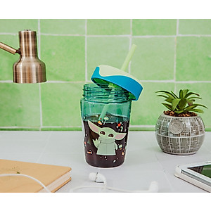 Silver Buffalo Star Wars: The Mandalorian Grogu Kids Plastic Travel Tumbler With Spill-Resistant Lid and Reusable Straw | Holds 18 Ounces
