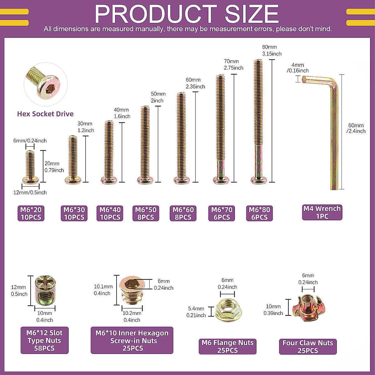 Swpeet 192Pcs M6 × 20/30/40/50/60/70/80mm Color Zinc Hex Socket Head Cap Crib Baby Bed Bolt and Threaded Insert Nuts with Flange Nuts and 4 Pronged Tee T Nuts Kit with Allen Wrench