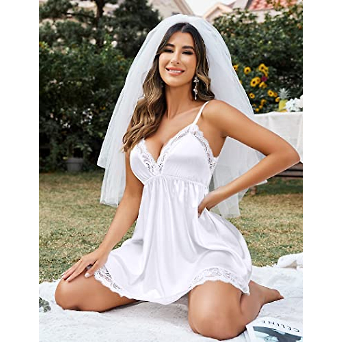 Avidlove Women Satin Lingerie Nightgown Sexy Silk Nighty Lace Babydoll Chemise White M