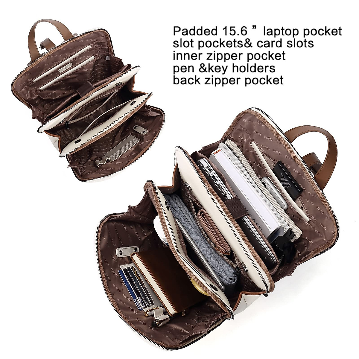 CLUCI Leather Laptop Backpack for Women 15.6 inch Computer Backpack Purse Travel Backpack Work Bag Daypack Beige With Brown