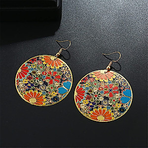 Gold Round Flower Disc Drop Dangle Earrings for Women Girls with Charms Boho Circle Ball Disk Blossom Spring Big Statement Dangling Hook Stud Earring Exaggerated Y2K Jewelry Gifts Christmas Festival Party