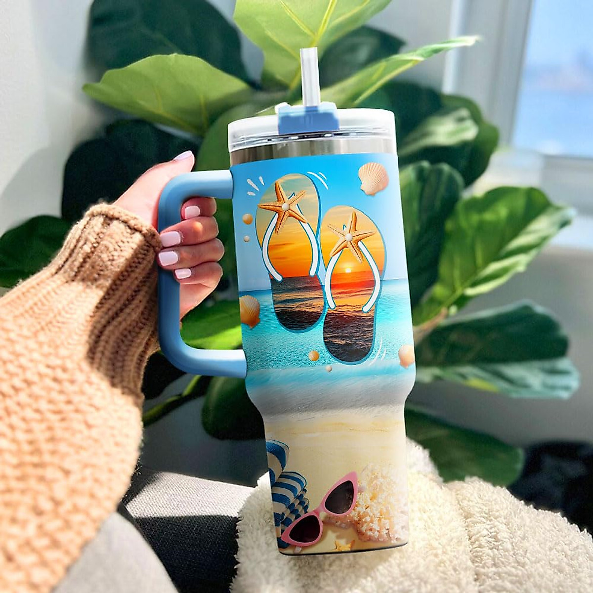 99WHALE Coffee Yellow Blue Women Tumblers Quartz Light Simple Steel Hot Navy Myrtle Royal, Beach Gifts, Tumbler 40 Oz With Handle Lid And Straw, Kinda Girl Beach Sunshine