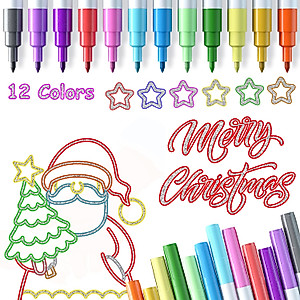 Ohuhu Outline Markers: 12 Colors Outline Pens Squiggles Shimmer Metallic Outline Markers Set Self-Outline Metallic Markers for Drawing Cards Making Writing Glitter Shimmer Markers For Adults Kids
