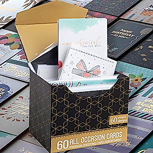 40 Unique Birthday Cards + 20 All Occasion Greeting Cards, Individually Packed Rose Gold Foil Large 5”x7” Thank You, Anniversary Cards, Simple Message Inside, Magnetic Box Variety Set w/Thick Envelope