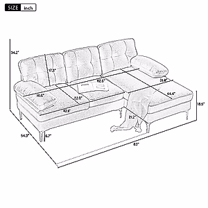 P PURLOVE Modern 3 Seater Sectional Sofa, L Shape Sofa with Comfortable Soft Back and Armrest, Modern Luxury Velvet Couch with Strong Metal Legs for Living Room Bedroom (Yellow)