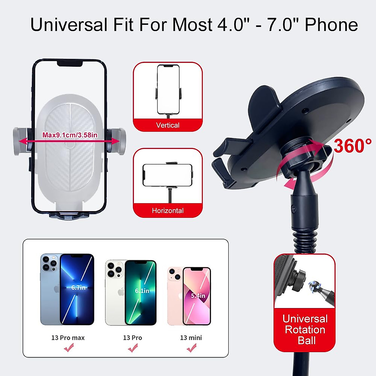 JINKEY Dual Cup Phone Holder for Car, 360°Rotatable Car Phone Mount Adjustable Gooseneck Cell Phone Cup Holder Universal Fits for Most 4"-6.7" i-Phone Cell Phone Automobile Cradles