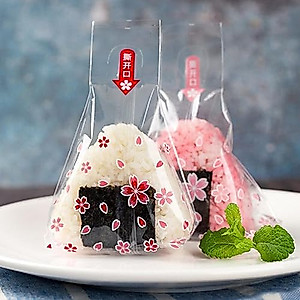 ULTECHNOVO 100Pcs Triangle Onigiri Wrappers Plastic Rice Balls Bags Disposable Sushi Packing Bags Japanese Onigiri Bags with Stickers