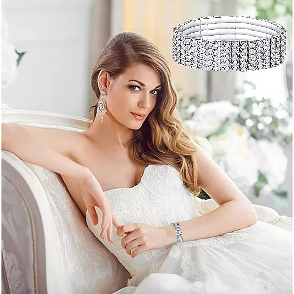 MOZAKA 5Pcs Sparkle Rhinestone Stretch Bracelets Bangle for Women Bling Silver Bridal Wedding Strand Stackable Tennis Bracelet Set