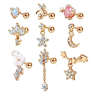 JOERICA 9Pcs Cartilage Earrings for Women 16G 316L Stainless Steel Gold Plated CZ Dangle Conch Helix Tragus Cartilage Stud Ear Piercing Jewelry