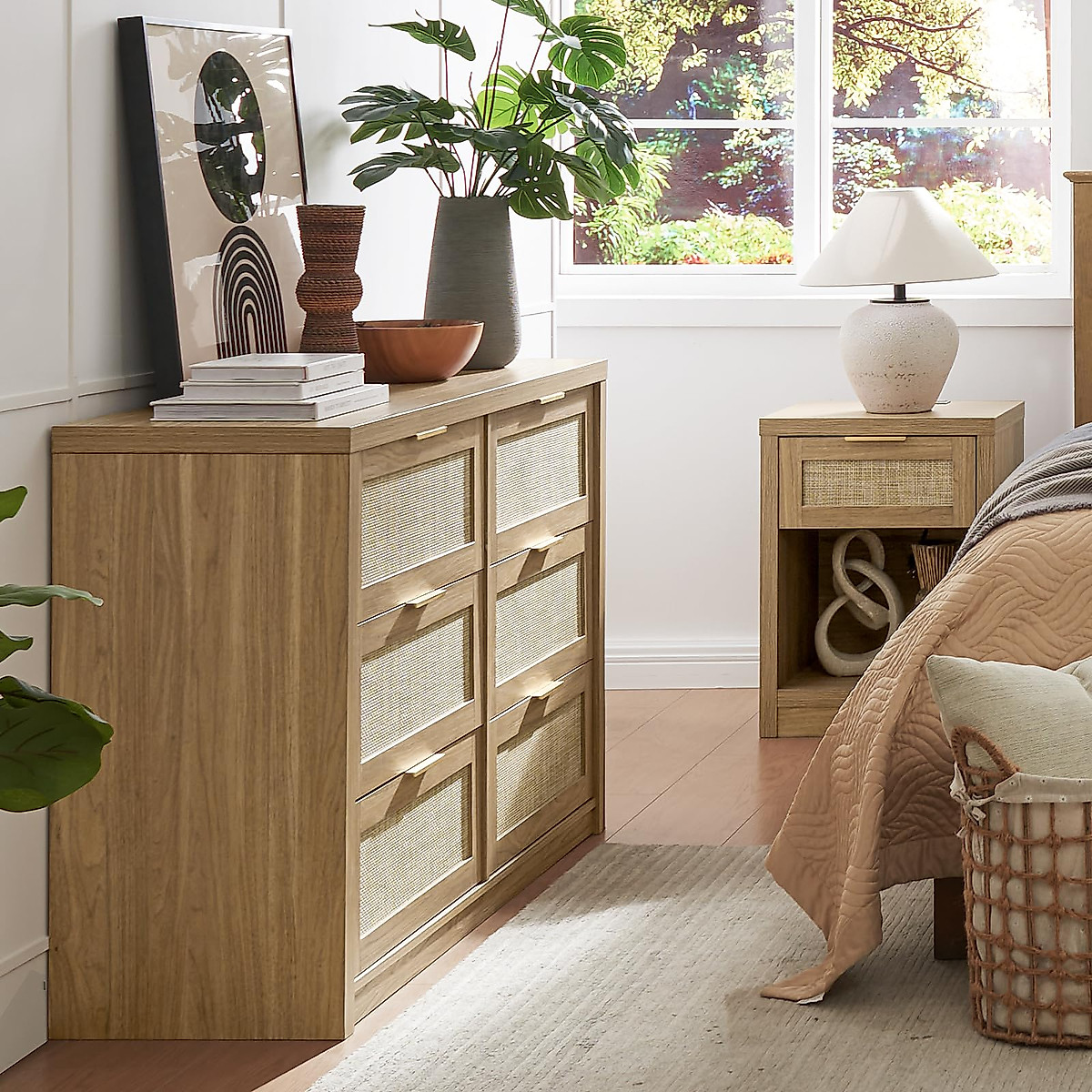 OAKHAM HOME Nightstand Set of 2, Rattan Night Stand with Type-C Charging Station, Bedside Table with Drawer, Boho Bed Side Table End Table Accent Table for Bedroom Living Room (Weathered Oak)