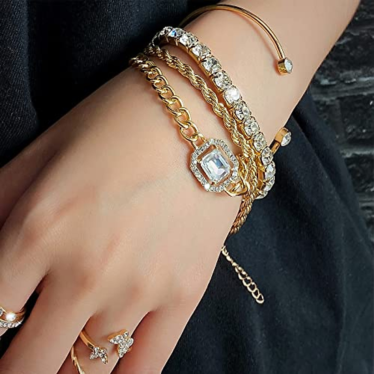 IFKM Gold Bracelet For Women Girls Dainty 14k Gold Plated Bangle Bracelets Set Adjustable Tennis CZ Twisted Chain Link Bangle Bracelet Layered Charm Jewelry Gift For Anniversary (Gold)