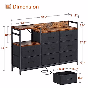 ODK Dresser with Charging Station, Wide Dresser 52'' Long Dresser for Bedroom Dresser with 8 Drawers, Chest of Drawers Easy-Pull Fabric Dressers for Closet, Living Room, Hallway, Vintage and Black