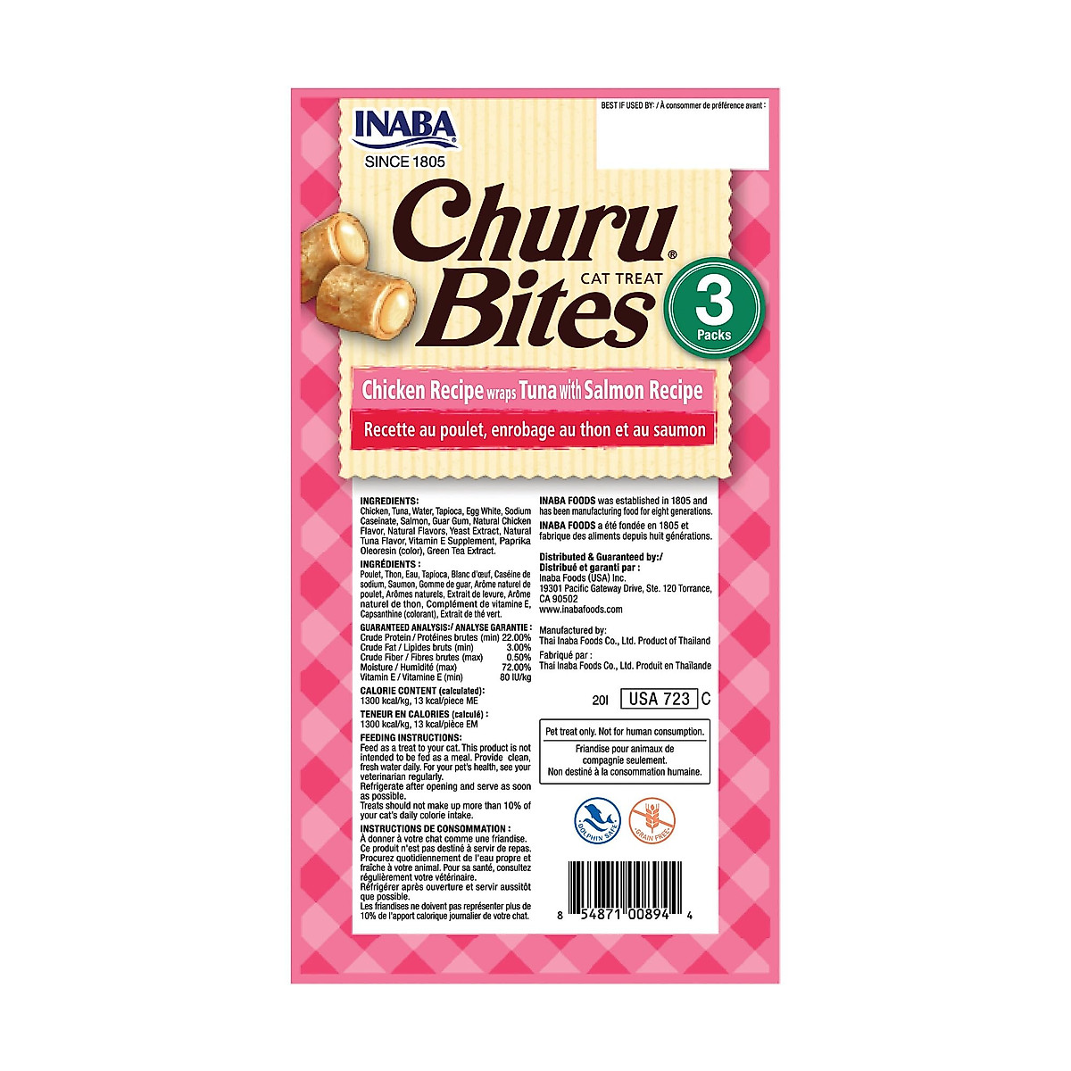 INABA Churu Bites for Cats, Soft Baked Chicken Churu Filled Cat Treats with Green Tea Extract, 0.35 Ounces Each Tube, 18 Tubes Total (3 per Pack), Tuna with Salmon Recipe