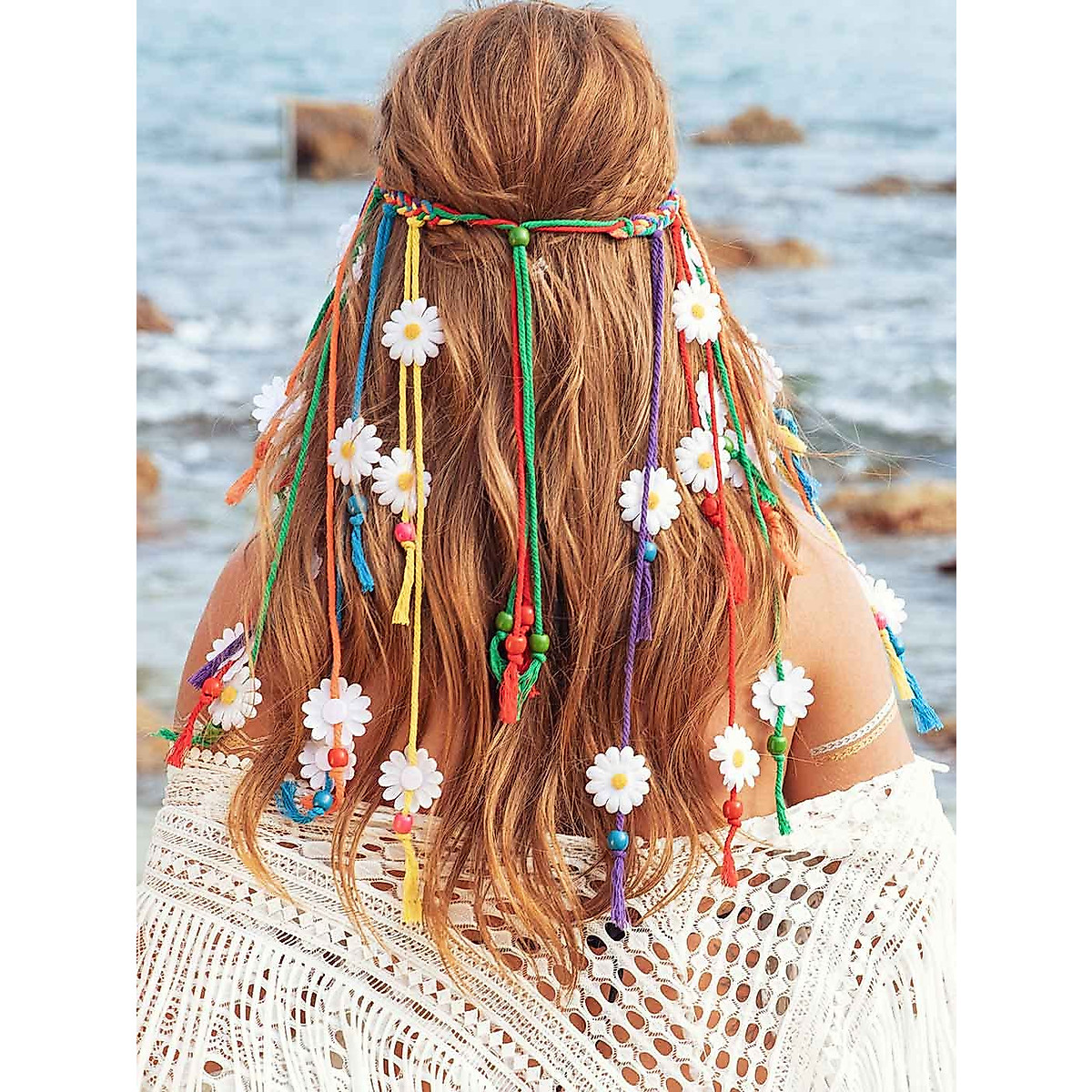 GENBREE Boho Daisy Headband Rainbow Braided Headpiece Summer Beach Tassel Hairband Floral Hippie Hair Accessories for Women and Girls (Multi-colored)