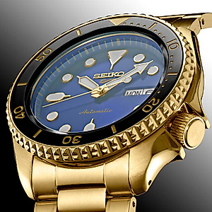 SEIKO SRPK20 Automatic Watch for Men - 5 Sports Collection - Men's Sport Watch with Stainless Steel Gold Finish, Blue Dial - Water-Resistant 100M