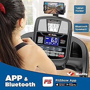 Winfita 4.5HP Foldable Treadmill for Home with 15% Auto Incline, 300 LB Capacity, 10 MPH Speed, 50"x18" Belt, App & Bluetooth Speakers, Charging Port, Tablet Holder, Pause Function, 64 Preset Programs