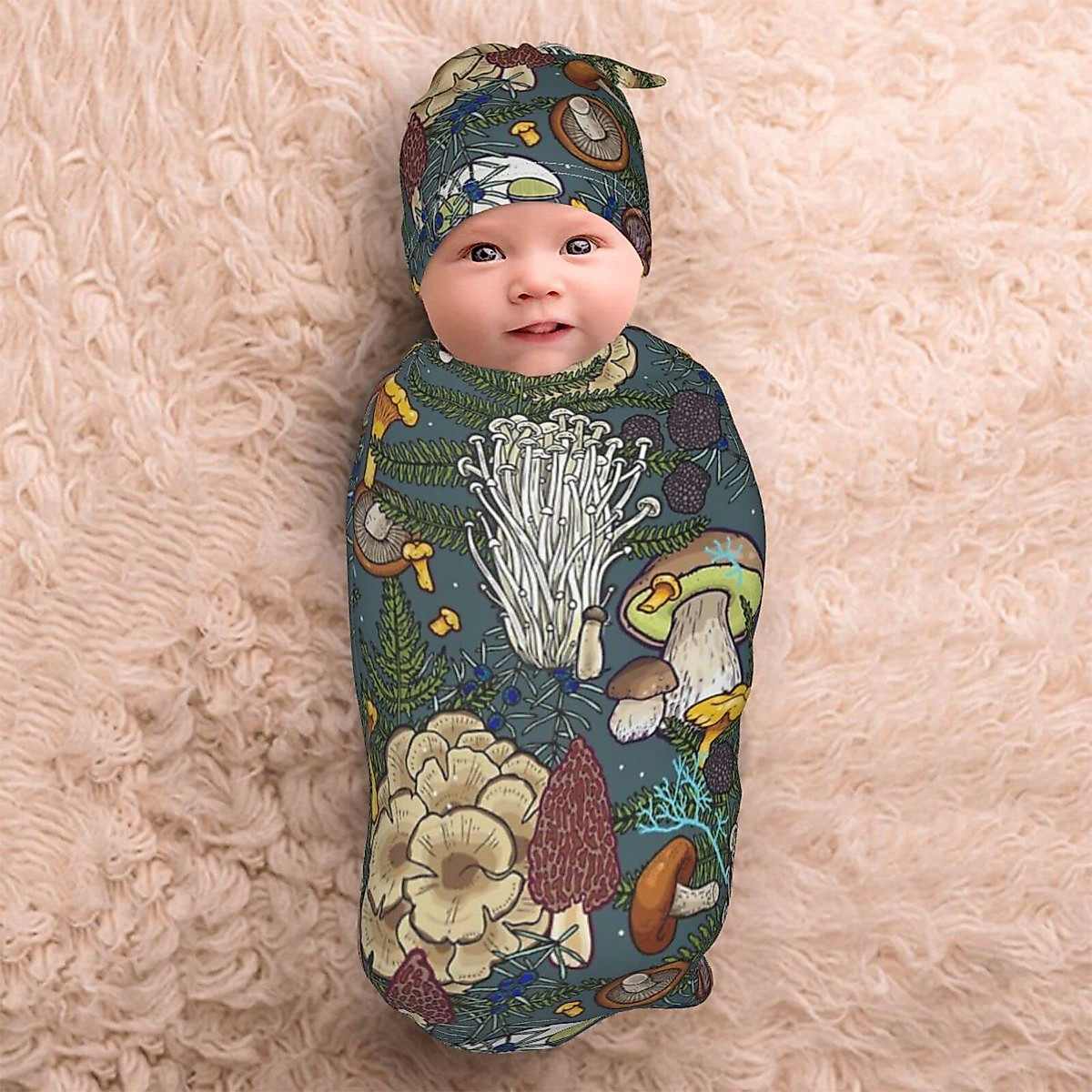 Mushroom Baby Stuff Newborn Swaddle Blanket Cute Baby Swaddle Blankets Soft Stretchy Sleep Sack with Beanie Hat Gifts for Boy Girl