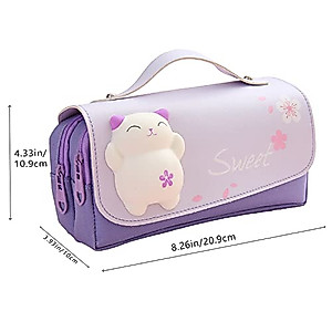YBDXVX Pencil Case for Girls, Kawaii Pencil Case for Kids, Cute Pencil Pouch with Large Capacity and 3 Compartment, Cartoon 3D Extrusion Cat Toy Decoration, Purple