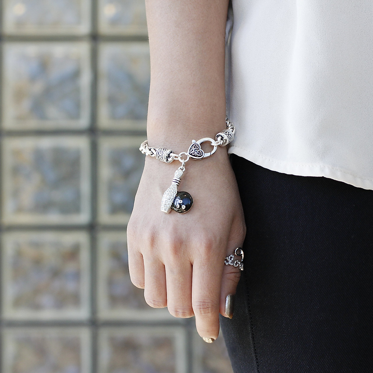 Inspired Silver - Bowling Braided Bracelet for Women - Silver Customized Charm Bracelet with Cubic Zirconia Jewelry