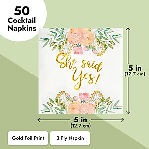 Sparkle and Bash 50 Pack Gold Foil She Said Yes Napkins for Engagement Party Supplies, Bridal Shower Decorations, Luncheon, Wedding Decor, Disposable, 3-Ply (White, 5 x 5 Inches)