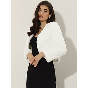 Allegra K Cropped Jacket for Women's Faux Fur with Pockets Long Sleeve Open Front Wedding Bolero Gowns Coat Large White