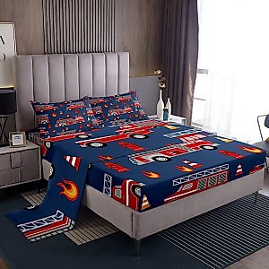 Cartoon Car Bed Sheets Set Fire Truck Sheet Set for Kids Boys Girls Room Decor Firefighter Sheets with Deep Pocket Fitted Sheet Firemen Car Vehicle Fire Engine Blue Red Bedding Set 4Pcs Full
