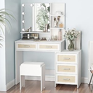 Maupvit Rattan Vanity Desk with Mirror and Lights, Boho Makeup Vanity Table Set with Nightstand, 5 Drawers & 10 Bulbs, Metal Silver Handle, 3 Open Shelves, Dressing Table with Cushioned Stool (White)