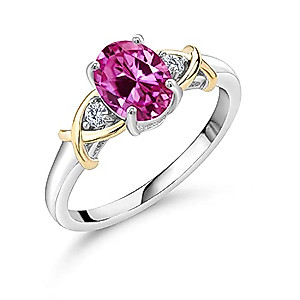 Gem Stone King 1.73 Cttw 2 Tone 10K Yellow Gold and 925 Sterling Silver Pink Created Sapphire and White Lab Grown Diamond Engagement Ring For Women | Oval 8X6MM | Available in Size 5,6,7,8,9