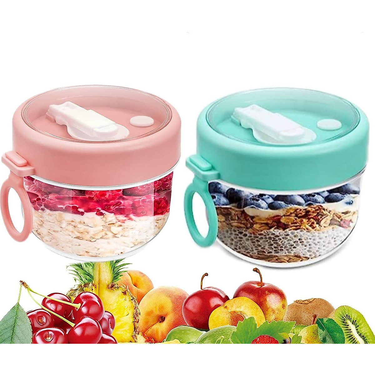 Portable Overnight Oats Containers with Lids and Spoon, Overnight Oats Jars for Breakfast, MealPrep Jar Airtight, 20 OZ, Large, Airtight, Set of 2