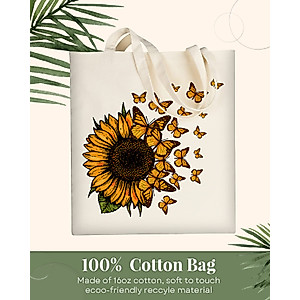 AUSVKAI Canvas Tote Bag Aesthetic for Women, Cute Trendy Sunflower Butterflies Reusable Cloth Cotton Bags with Handle for Grocery School Shopping Beach