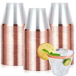 100 Pack Rose Gold Plastic Cups, 9 oz Clear Plastic Cups Tumblers, Elegant Rose Gold Rimmed Plastic Cups, Disposable Cups with Rose Gold Rim Perfect for Wedding, Thanksgiving Day, Christmas Party Cups